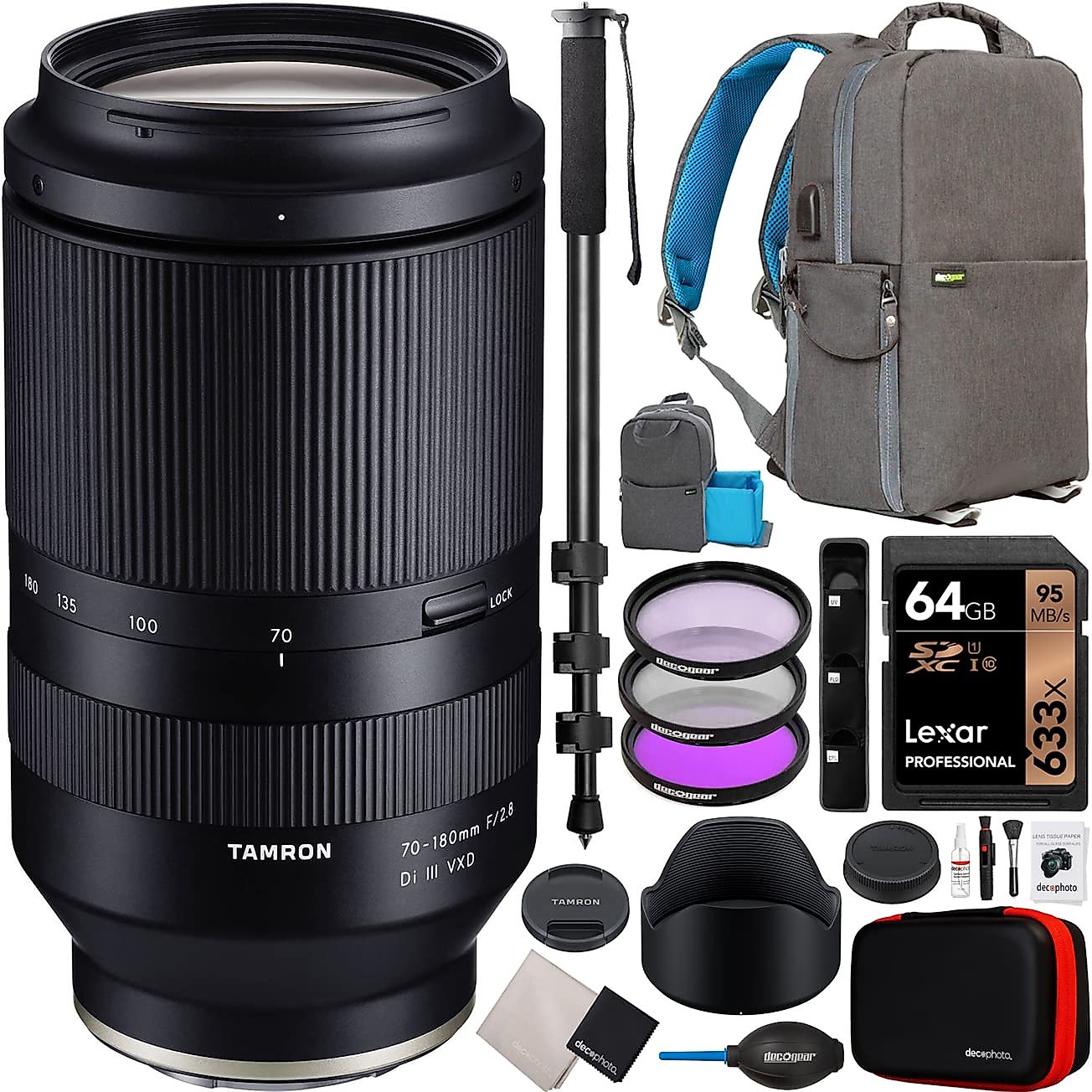 Tamron 70-180mm F/2.8 Di III VXD Sony E-Mount Lens A056 for Full Frame Mirrorless & APS-C Cameras Bundle with Deco Gear Photography Backpack Case + 67mm Filter Kit + 64GB Card + Monopod + Accessories