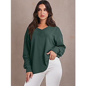 ANRABESS Oversized Long Sleeve Shirts for Women Off the Shoulder Sweatshirt Loose V Neck Tunic Tops High Low Sweater 2024 Large Dark Green