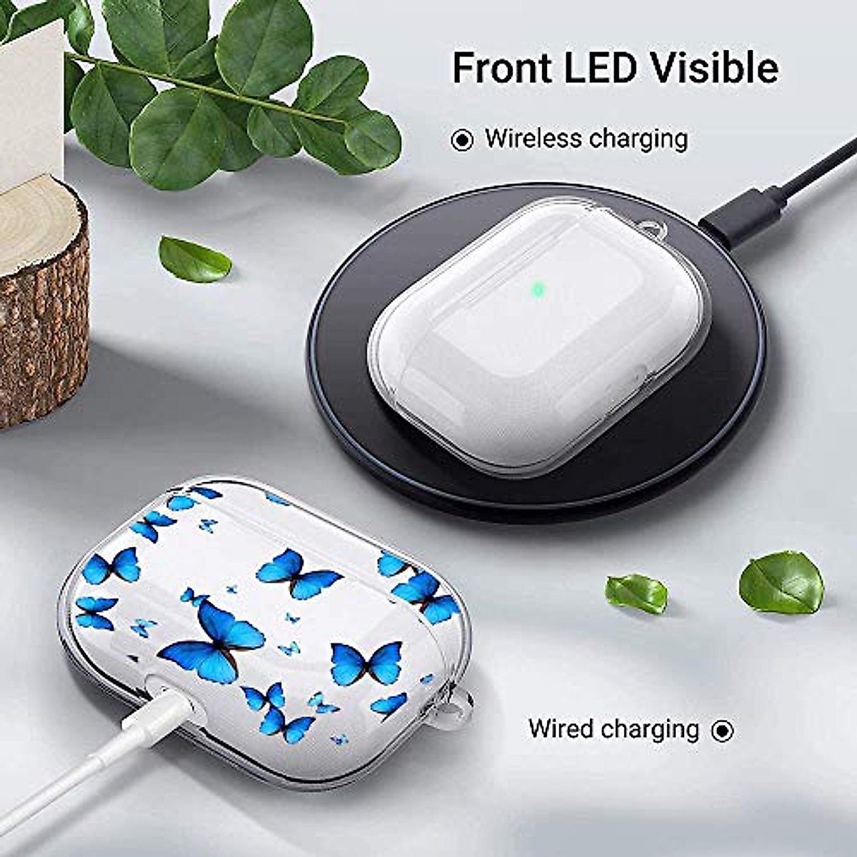 POKABOO Butterfly AirPods Pro Case, Clear Soft TPU Protective Cover Case for AirPods 3 (Front LED Visible) Wireless Charging AirPods Pro Case with Keychain