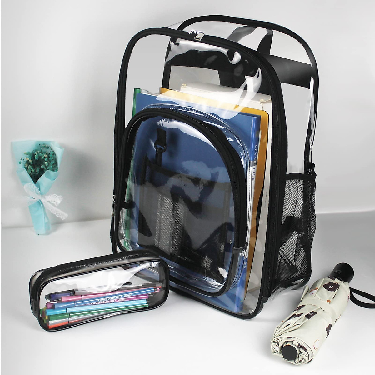 KingBig Clear Backpack Stadium Approved Heavy Duty PVC Bookbag Transparent School Bag with Clear Zipper Pen Pencil Case for School,Sports,Work,Stadium,Security Travel,College.