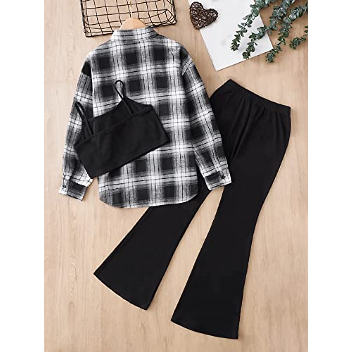 Floerns Girls 3 Piece Outfits Bell Bottom Outfit Cami Top and Flare Pants Set with Plaid Print Shirt Black and White 10Y