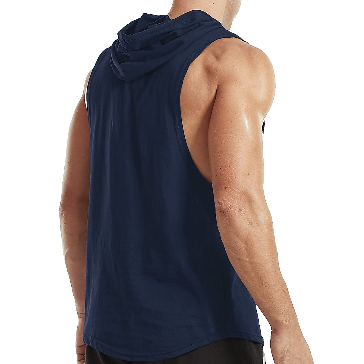 Men's Workout Bodybuilding Hoodies Tshirt Athletic Training Tank Tops Cotton Gym Hooded Top Cut Off Sleeveless Muscle T-Shirt Navy Blue L