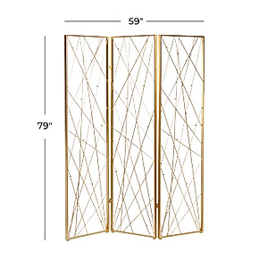 Deco 79 Metal Abstract Partition Room Divider Screen Foldable Partition Wire Rod 3 Panel Privacy Screen with Small Ball Accents, Room Partition 59" x 2" x 79", Gold