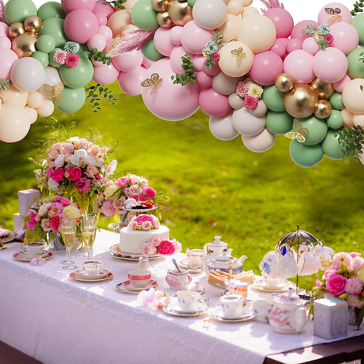 Sage Green And Pink Balloon Arch Kit With Shiny Gold Butterfly Stickers,177Pcs Pastel Green Blush Gold Balloon Garland For Spring Tea Party Decoration Wedding Bridal Baby Shower Fairy Balloon Arch