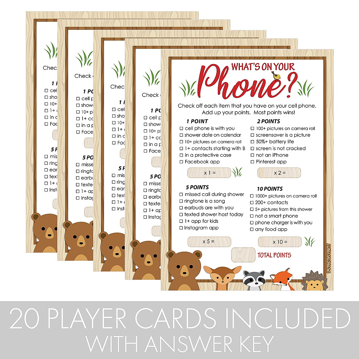 DISTINCTIVS What's On Your Phone - Woodland Baby Shower Game - 20 Cards