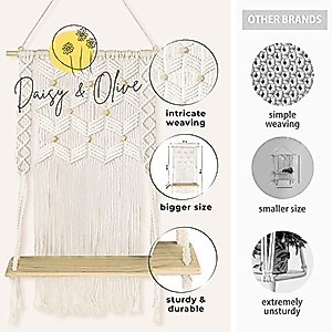 Daisy & Olive Large Premium Macrame Wall Hanging Shelf - Bohemian Wall Decor for Bedroom - Floating Shelves for Wall Decor - Aesthetic Room Decor - Shelf Wall Hanging Plant Hanger - Crochet Hangings