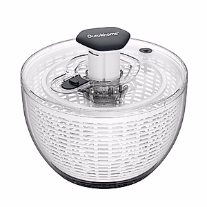 Ourokhome Salad Spinner Lettuce Dryer, One-handed Easy Press Large Vegetable Dryer Salad Mixer with Comfortable and Retractable Pusher and Brake Button for Greens, Herb, Berry, Fruits, 6.3 QT, Black