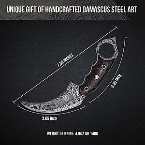 BIGCAT ROAR 7.5″ Handmade Karambit Damascus Hunting Knife with Leather Sheath - Ideal for Skinning, Camping, Outdoor - Full Tang Fixed Blade Karambit Knife with Walnut Wood Handle - Desert Fox