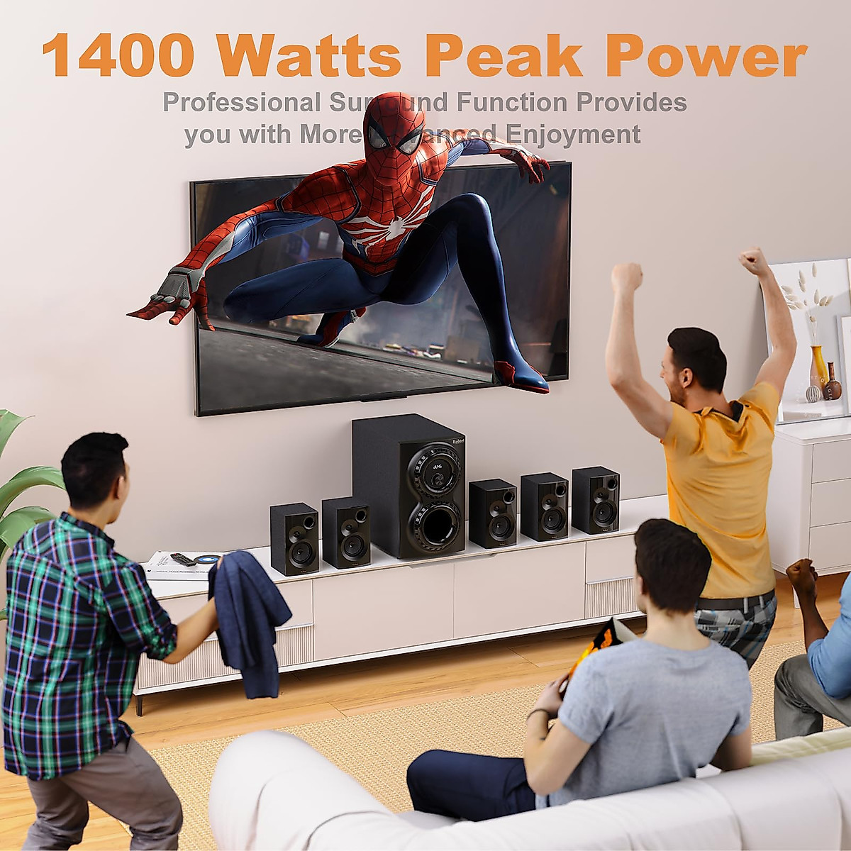 Bobtot Surround Sound Systems 1400 Watts Peak Power Home Theater Speakers - 12" Subwoofer Strong Bass 5.1 Wired Loud Stereo Audio System with Bluetooth HDMI ARC Optical Input for TV