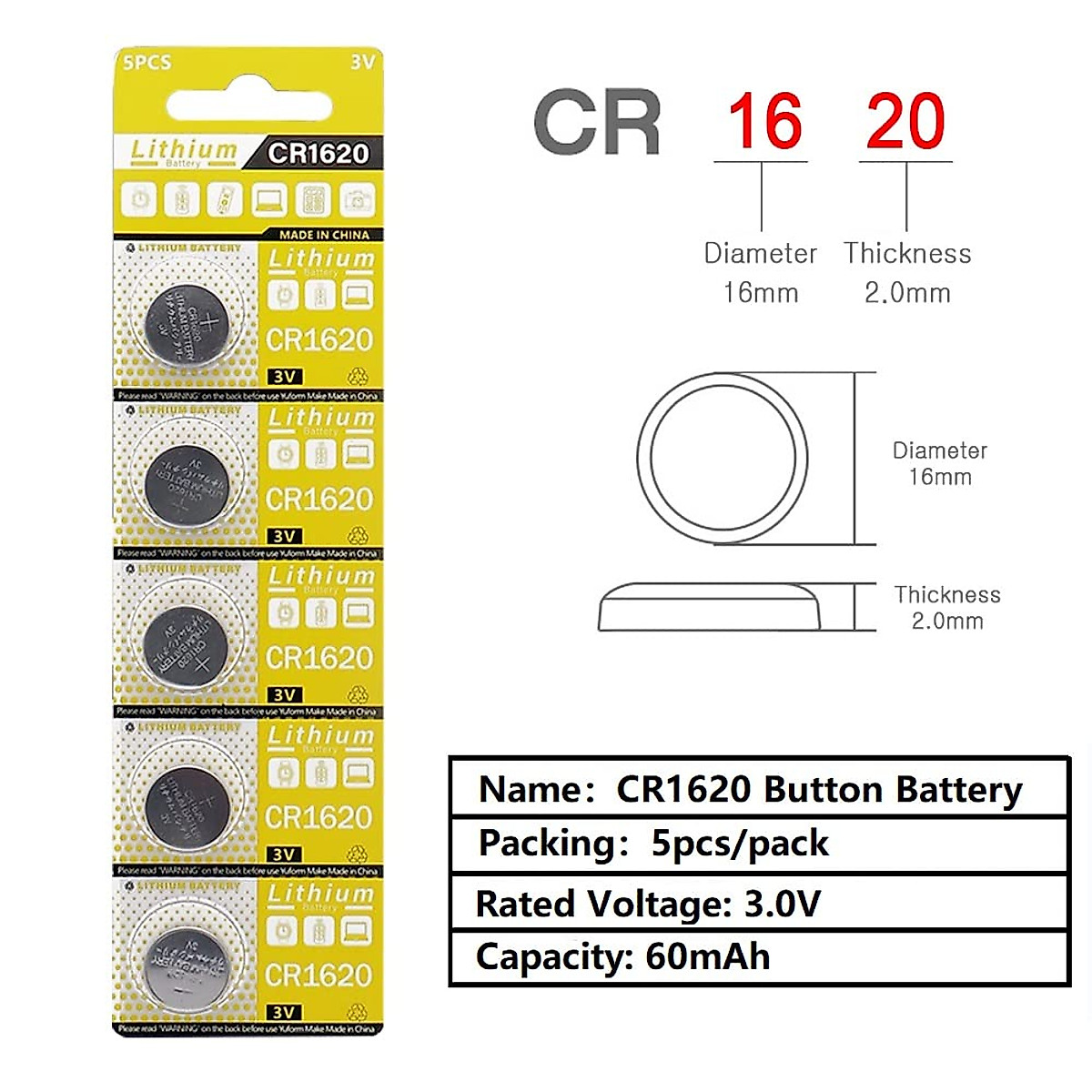 Cotchear 5Pcs CR1620 Coin Batteries 3V Electronic Button Lithium Battery Cell CR1620 DL1620 5009LC for Watch Toy Remote
