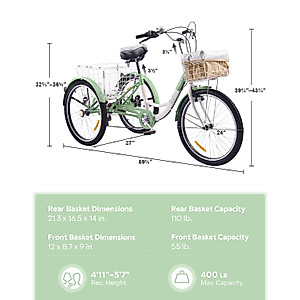 Viribus Adult Tricycle, 7 Speed Tricycle for Adults, 24 inch 3 Wheel Bikes for Adults with Baskets, Adult Trikes for Women Seniors Men, Three Wheel Tricycle for Dogs Beach, Cargo Tricycle, Mint