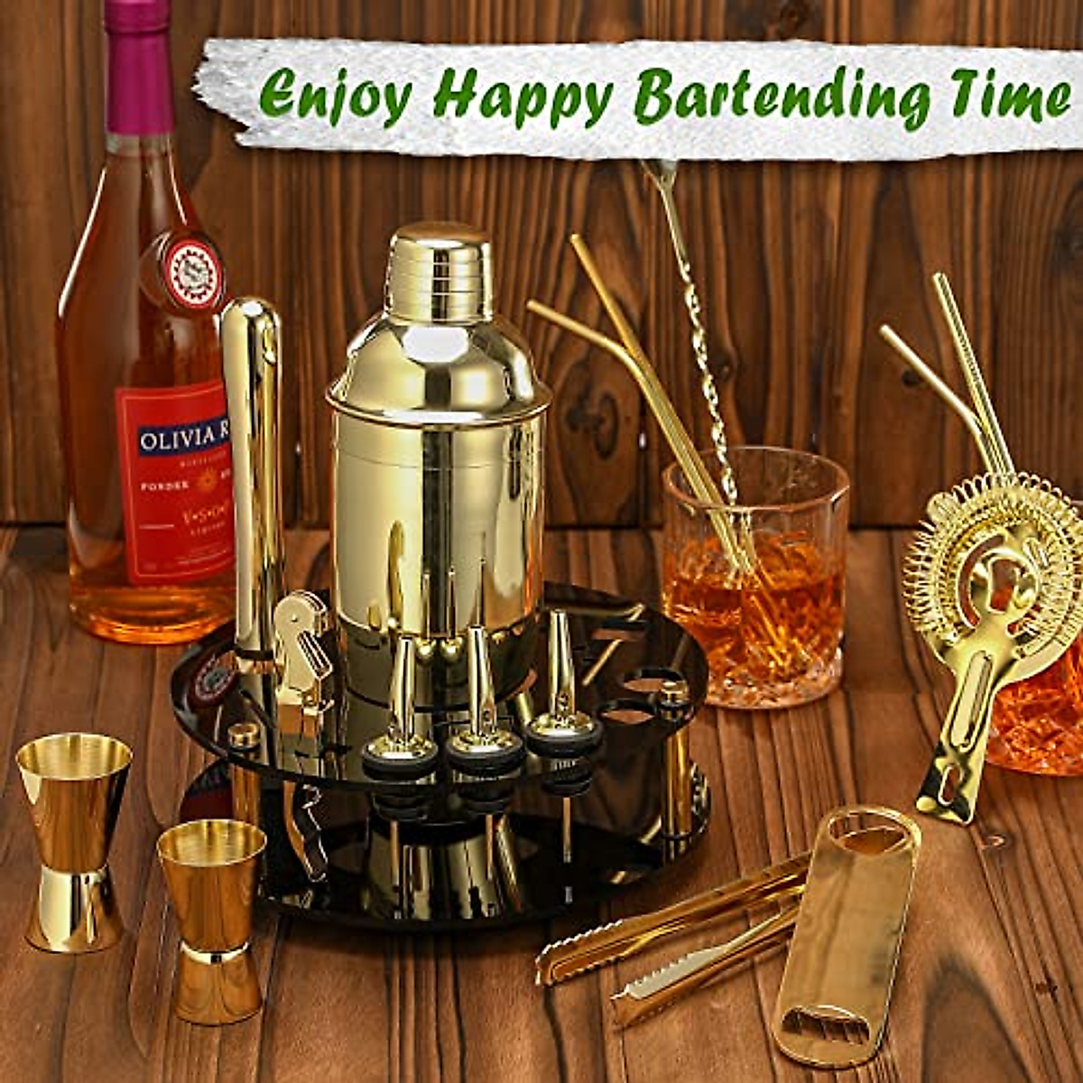 X-cosrack 19-Piece Bar Set,Gold Cocktail Shaker Set for Drink Mixing:Stainless Steel Bar Tools with Rotating Stand,Professional Bartender Kit for Home Bars, Parties