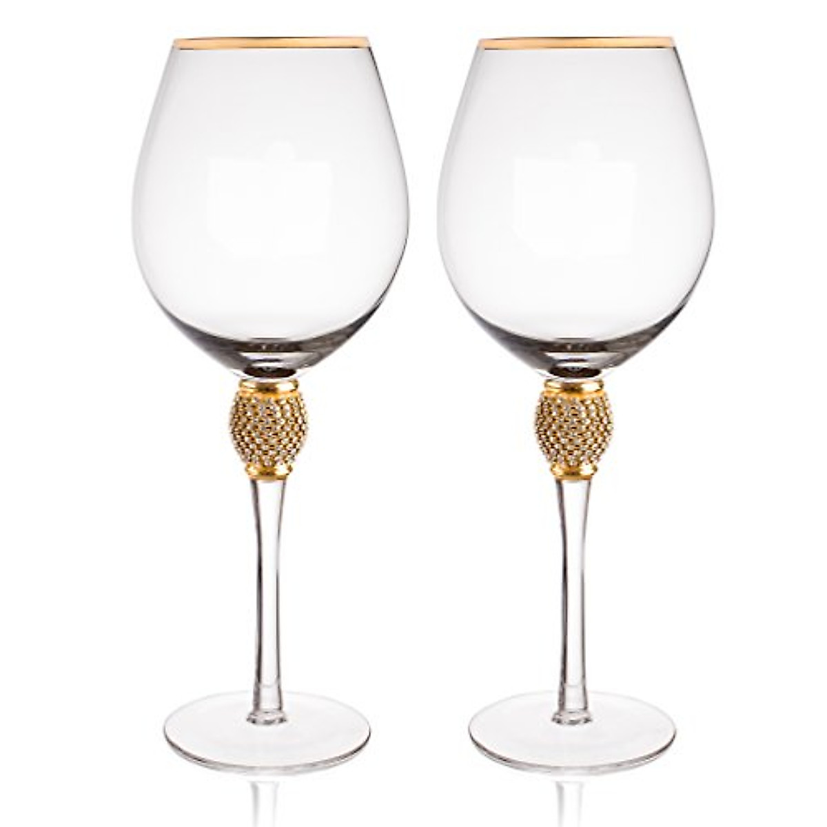 Trinkware Gold Rimmed Wine Glasses Set of 2 - Rhinestone Champagne Flutes "DIAMOND" Studded - Long Stem, 16oz, 10-inches Tall – Elegant Glassware And Stemware