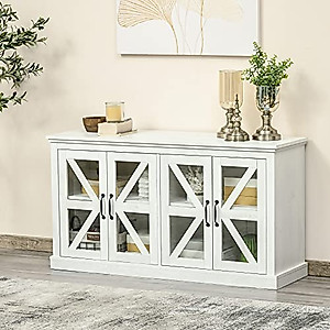 HOMCOM Sideboard Buffet Cabinet, Glass Door Credenza, Coffee Bar Cabinet with Adjustable Shelf, White