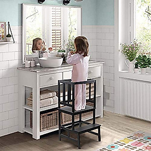 SUNYAO Kids Kitchen Step Stool with Safety Rail - Bamboo Step Stool for Toddlers Age 18 Months and Older, Black Color