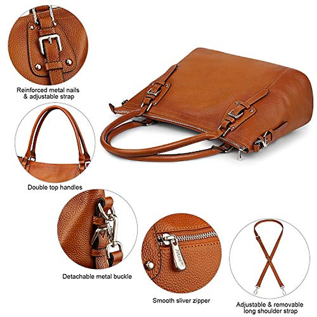 S-ZONE Women's Vintage Genuine Leather Tote Handbag Large Crossbody Bag Shoulder Purse with Zipper Pocket Outside (Medium-Brown)