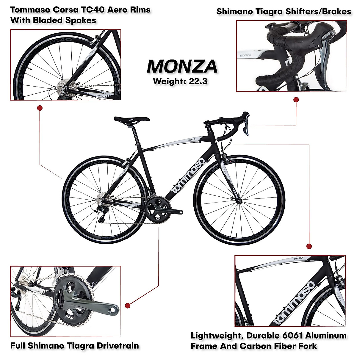 Tommaso Monza Sport Bike Performance Aluminum Road Bike Carbon Shimano Tiagra 24 Speeds Road Bicycle Men Road Bikes for Men Bike Men Women Speed Bike Racing Bike Adult Bike City Bike Black Small 53cm