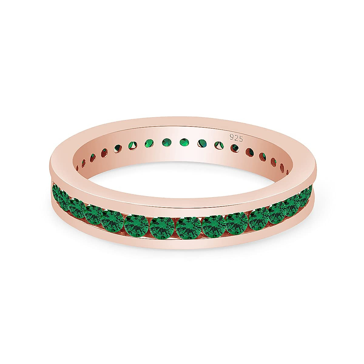 AFFY Round Shape Simulated Green Emerald Full Eternity Band Ring in 14K Rose Gold Over Sterling Silver, Ring Size: 7.5