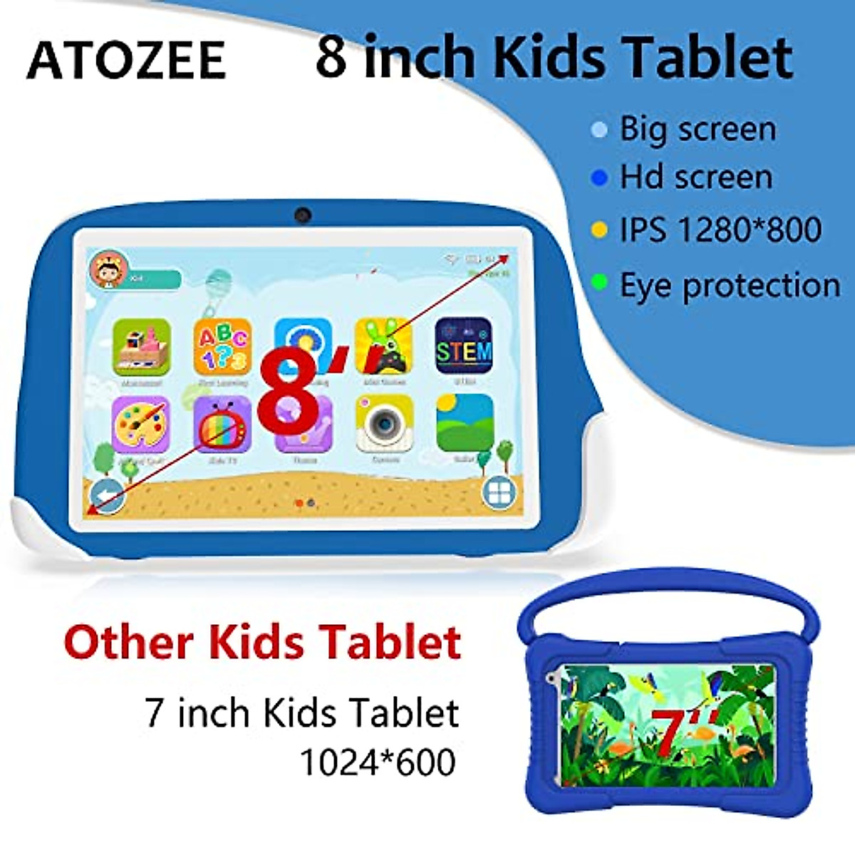 ATOZEE 8 Inch Kids Tablet, Android 11 Toddler Tablet, 32GB ROM+2GB RAM, Quad-core Processor, 1280x800 IPS HD Eye-Care Touchscreen, 8MP Camera Tablets PC with Silicone Case