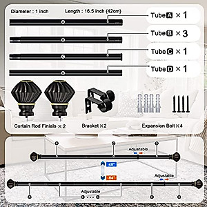 Box Space Curtain Rods for Windows 48 to 84 inches, 1 inch Diameter Adjustable Length Black Curtain Rod for Bedroom Living Room Decorative Curtain Rod Set with Brackets