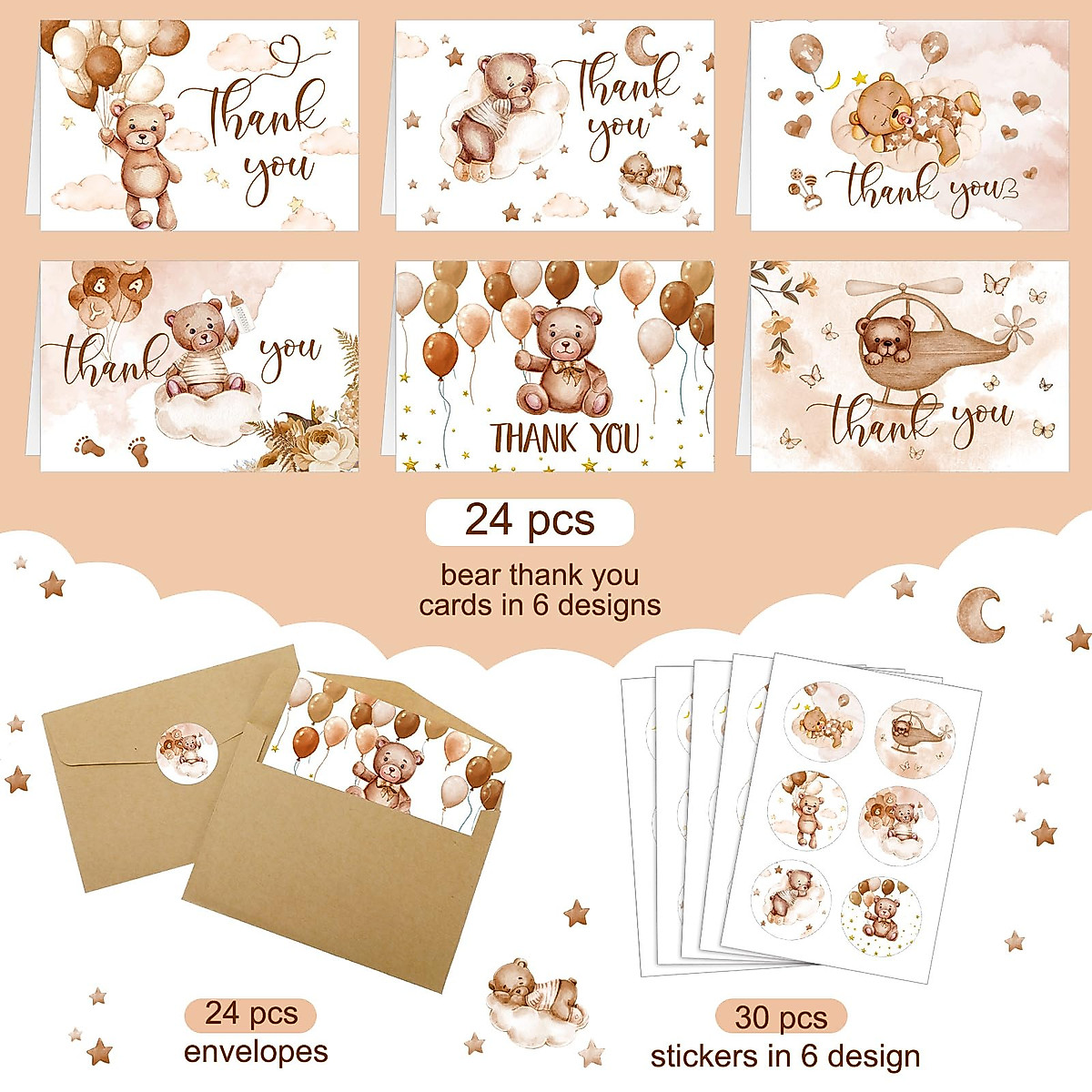 24 Pack Bear Baby Shower Thank You Cards with Envelopes and Stickers Set Blue Bear Kid Thank You Notes Blank Inside Watercolor Cards for Boy Girl Birthday Party