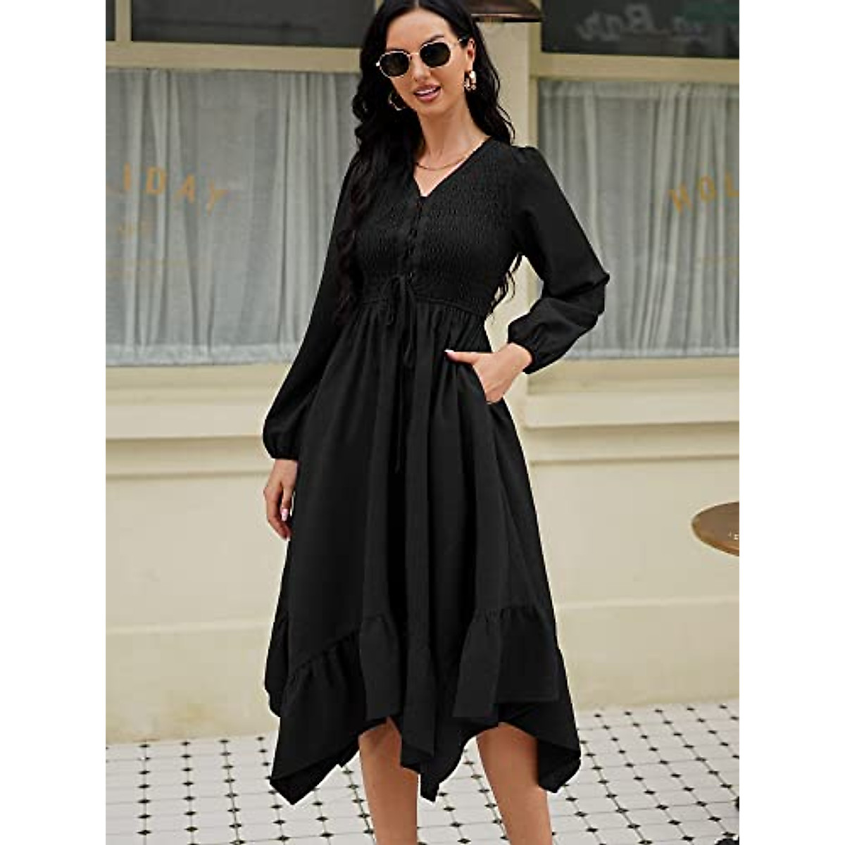 ZAFUL Women's Deep V Neck Smocked Flutter Hem Drawstring Tie Front Long Sleeve Flowy Midi A-Line Dress with Pockets Black