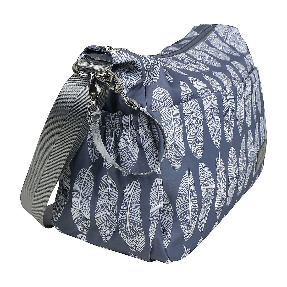 Diaper Bag Purse & matching Changing Pad in Premium Gray Nylon w/ 11 Pockets Insulated for Baby Bottles Silver Tone Hardware Perfect Spacious Crossbody Hobo Bags for Moms Grey Feathers Stroller Straps
