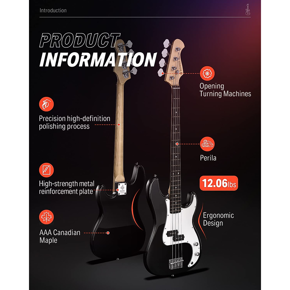 Donner Electric Bass Guitar 4 Strings Full-Size Standard Bass PB-Style Beginner Kit Black for Starter with Free Online Lesson Gig Bag Guitar Strap and Guitar Cable, DPB-510D