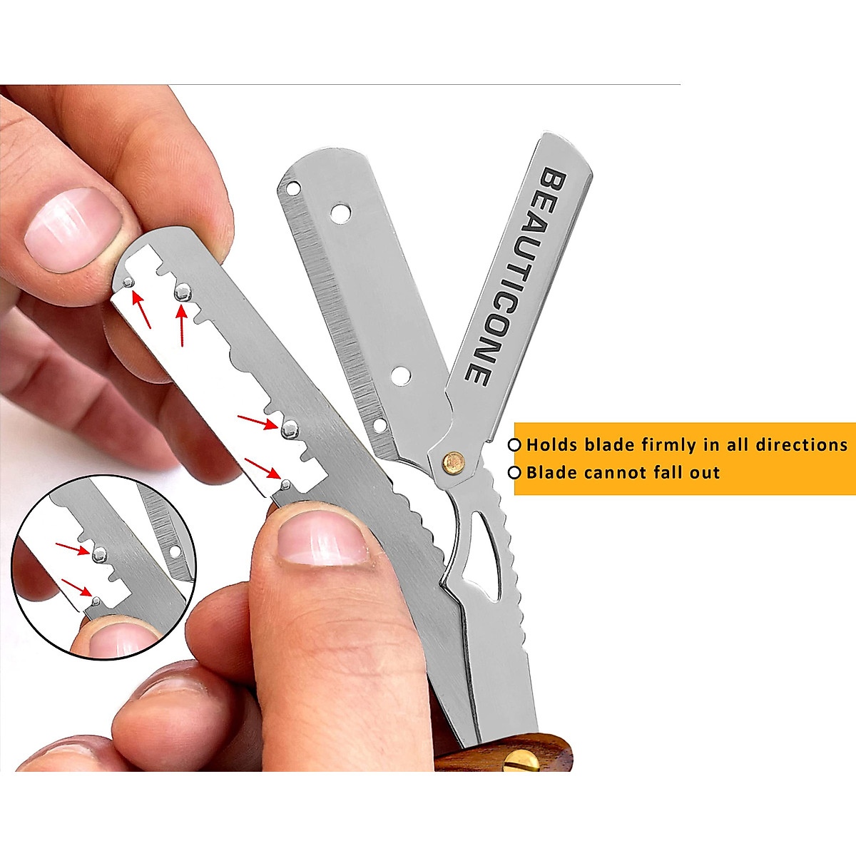 BEAUTICONE Straight Razor for Men, Professional Rose Wooden Handle with Polished Blade Barber Razor with 100 Single Edge Blades, Straight Edge Single Blade Razors for Men