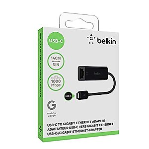 Belkin USB C To Ethernet Adapter - Gigabit Ethernet Port Compatible with USB C Devices - USB C to Ethernet Cable For MacBook Pro & Dell XPS 13” Laptops - Ethernet USB C Hub - Ethernet USB C Adapter