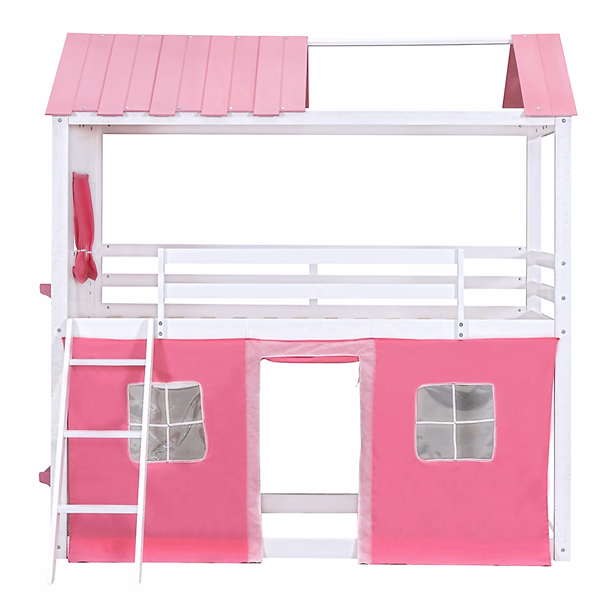 Harper & Bright Designs Full Over Full Bunk Beds for Kids,Wood Sweet Heart Novelty Bunk Bed with Elegant Windows, Sills and Tent,House Bunk Beds for Girls,Boys,Pink+White