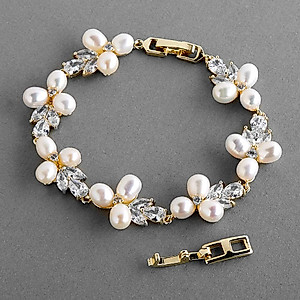 Mariell Freshwater Pearl Gold Bridal Bracelet, 6 5/8" Plus 1/2" Extender, Wedding Jewelry Gift for Women