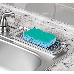 mDesign 2-Piece Sponge Tray for Kitchen Sink - Soap Holder for Kitchen Sink with Drainer Rack - Counter Caddy Dish for Scrubber and Sponges - Unity Collection - Brushed Chrome