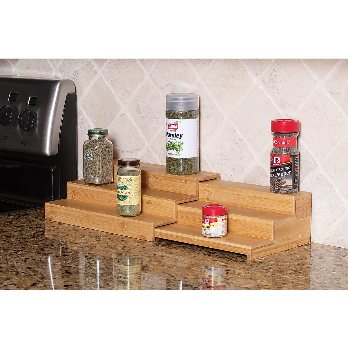 Lipper International 8807 Bamboo Wood Expandable 3-Tier Step Shelf Kitchen Organizer, 12" x 7-7/8" x 4-1/4"