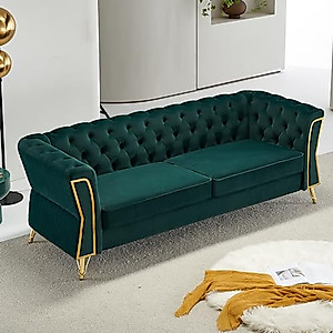 Tmsan 87.4" Velvet Sofa Couch, Mid-Century Modern Chesterfield Loveseat Classic Button Tufted 2 Seater Couch with Golden Legs for Living Room Office Bedroom (Emerald)