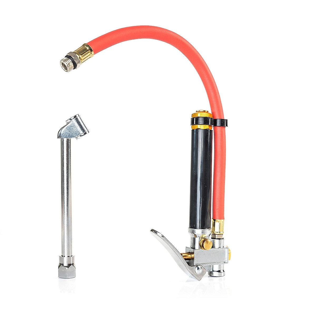 NEIKO 20701A Tire Inflator | 12 Inch | Flexible Air Tire Pressure Gauge | 20 – 120 PSI | 1/4” NPT Offset Dual Head Chuck | Tire Filler with Hose | Aluminum Body and Brass Valves | Stem Valve Caps