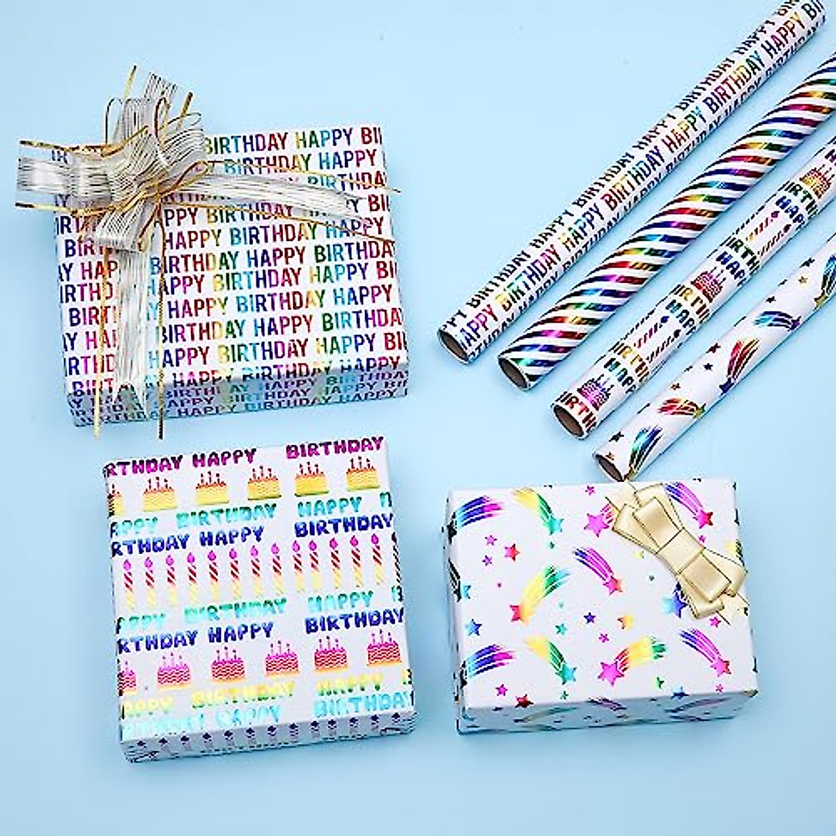 THMORT Birthday Wrapping Paper Roll with a Cutter Kit for Boys&Girls,Adults,Kids Princess Pink Barbies 17 Inch X 120 Inch Colorful Foil Gift Wrapping Paper Rainbow Baby Shower
