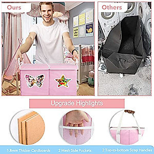Toy Box for Girls-Large Toy Chest Organizers and Storage with Star Butterfly Transparent Windows,Double Flip-Top Lids,2 Sturdy lengthen Handles and 2 Mesh Bags for Kids,Boys,Nursery,Play Room(Pink)