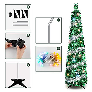 Pop Up Christmas Tree with Lights, 5FT Collapsible Christimas Tree Tinsel Slim Pencil Christmas Xmas Tree with Stand Decorations for Home Holiday Fireplace Party Indoor Outdoor (Green& Red)