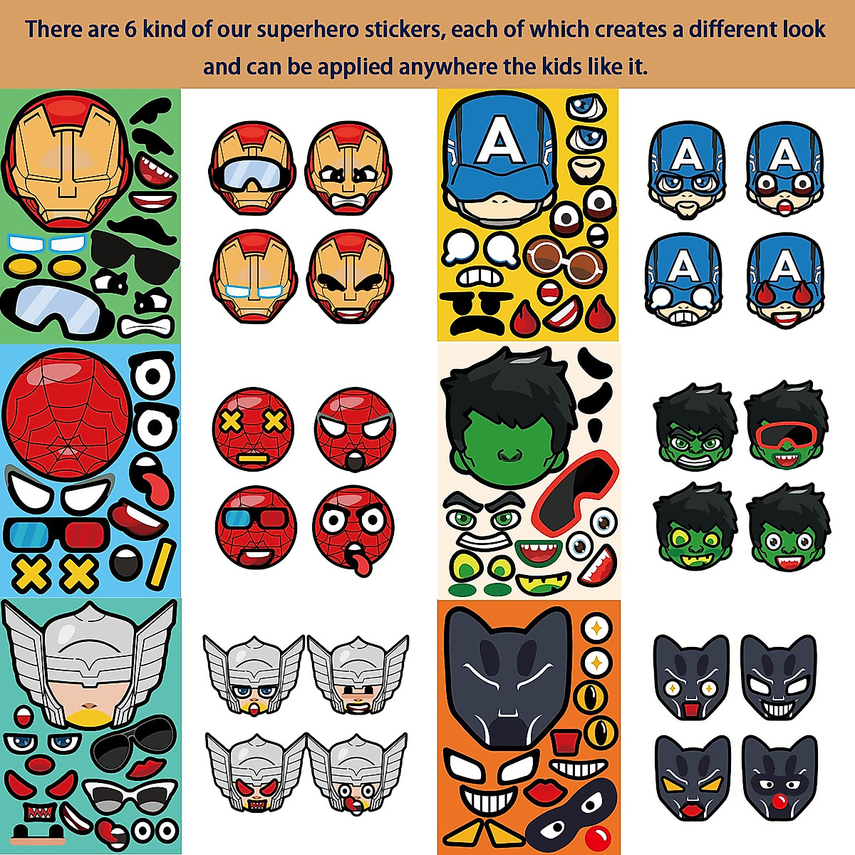 Calofun Superhero Stickers Book for Kids Crafts-24 Sheets of Waterproof Sticker Make a Face DIY Boys Toys Gift for Laptops ,Wall ,Water Bo