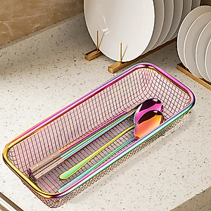 BYEGOU Silverware Drawer Organizer, Rainbow Mesh Kitchen Drawer Organizers, Iridescent Stackable Storage Basket Metal Utensil Holder for Flatware, 12.5"x5"x2.5", Pack of 2