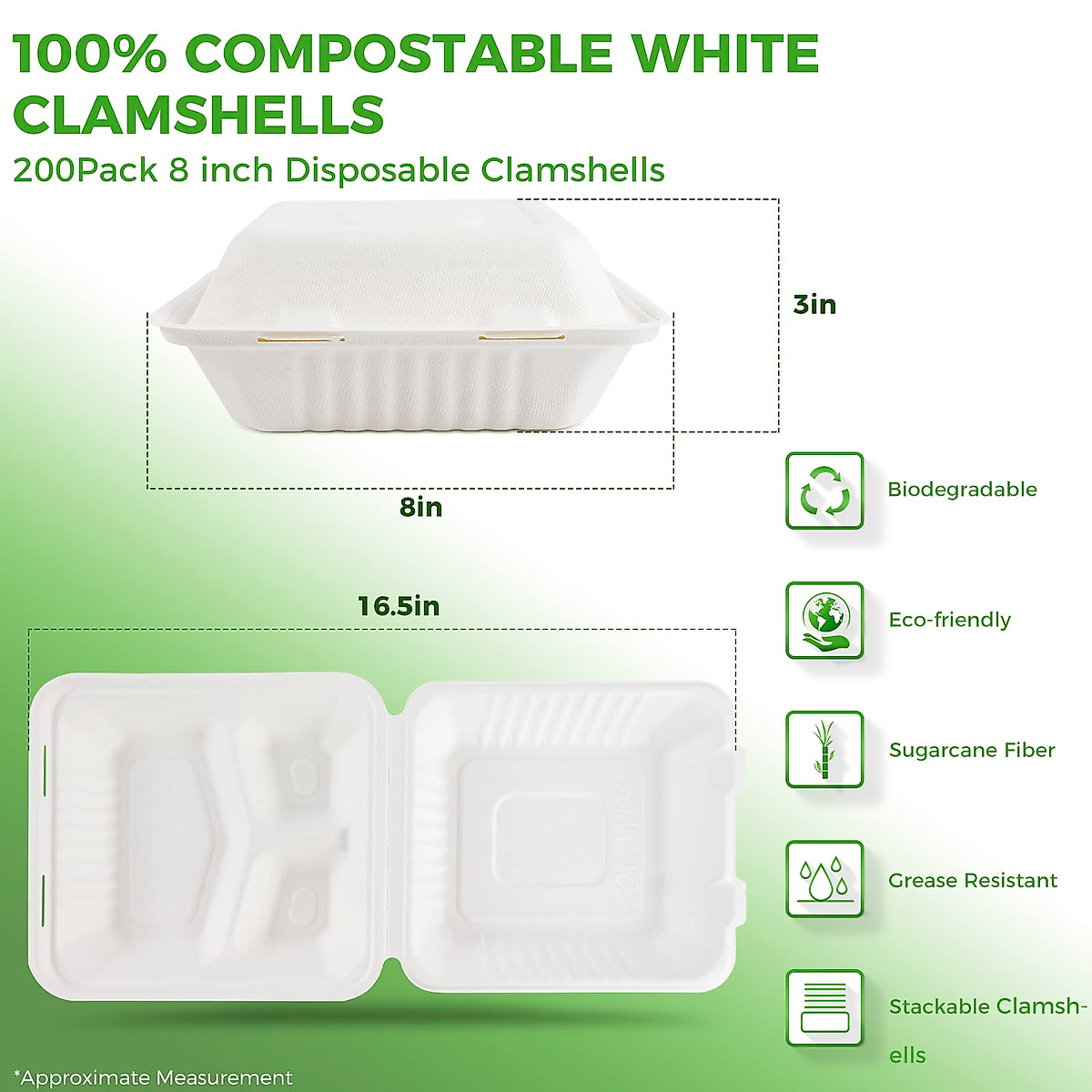 Azure Zone, 8", 3-Compartment Compostable Clamshell, 200 Pack to Go Containers, Biodegradable Made of Sugar Cane Fibers