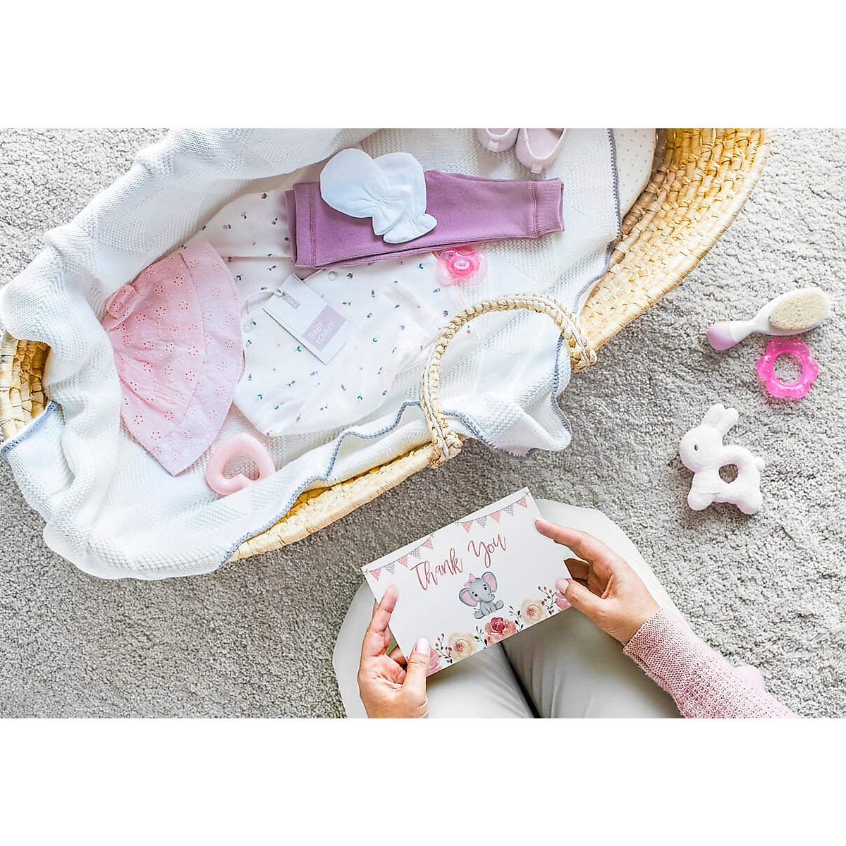 VNS Creations 50 Baby shower thank you cards with envelopes - Baby Shower Thank You Cards - Baby Shower Cards - Elephant Baby Shower Thank You Cards - Baby Girl Shower Card with Envelopes & Stickers