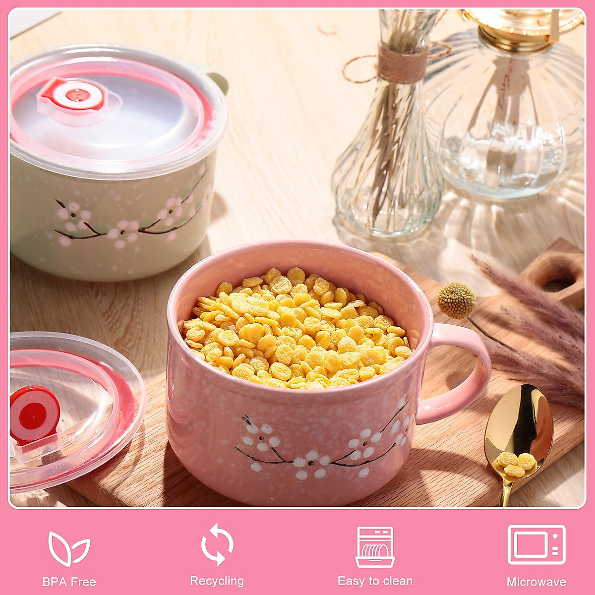 SEEWEY 2 Pcs Floral Ceramic Bowl with Lid and Handle 30 oz Soup Bowls Heat Preservation Instant Noodles Mug Soup Cup Microwavable Bowls for Ramen Noodle Cereal Travel