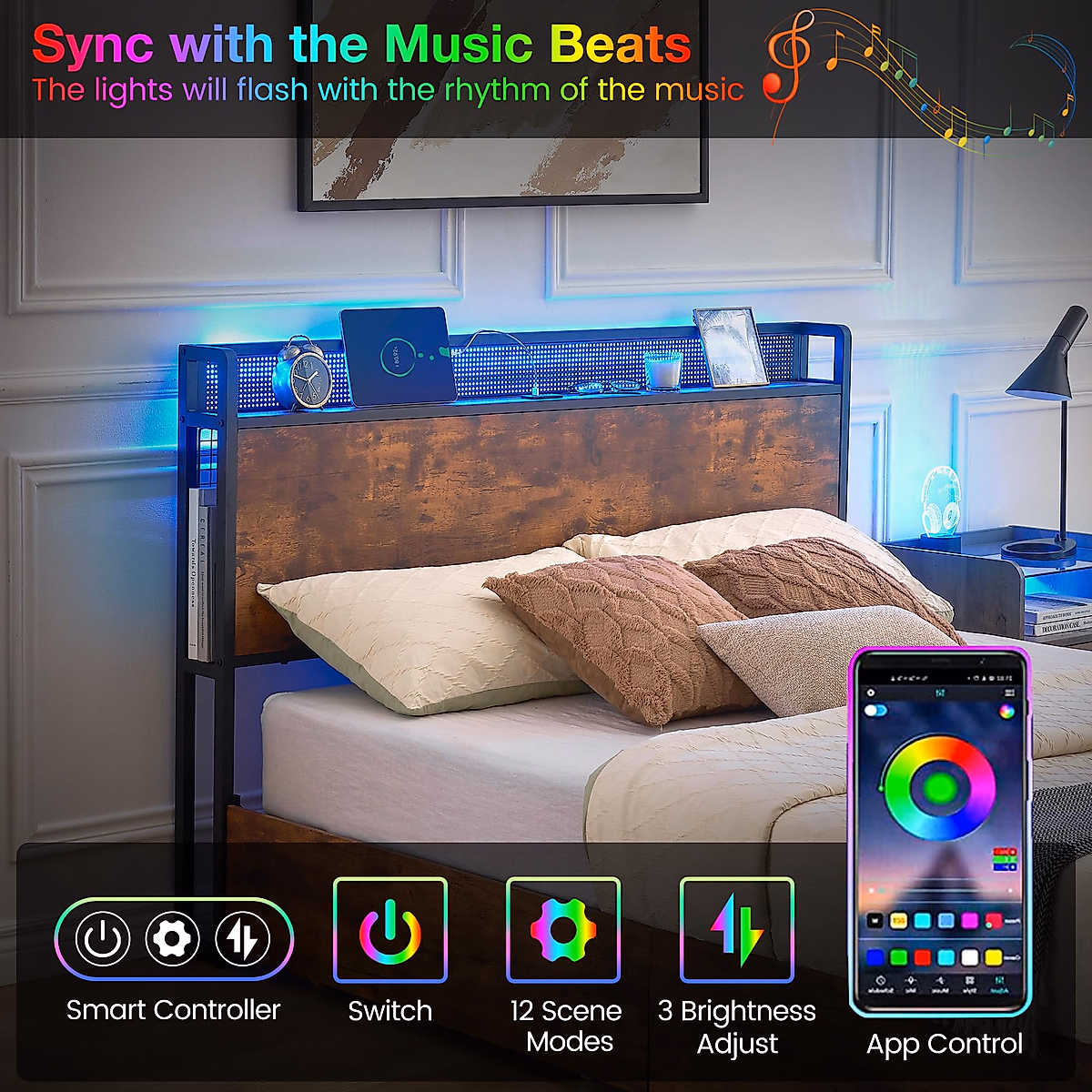 GAOMON Queen Size Bed Frame with Storage Headboard and 4 Drawers LED Lights Metal Platform Bed Frame with Charging Station, Mattress Foundation Strong Wood Slats Support, No Box Spring Needed