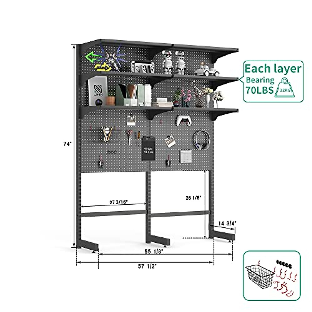 JWX DDB Gaming Standing Shelf Units, Home Office cabinets with Metal Pegboard and 15 Pieces Organizer Tool Holders
