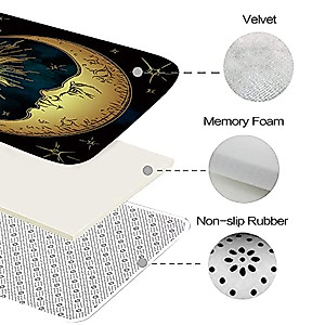 Sun and Moon Bathroom Rugs and Boho Chic Art Stars Over Blue Black Sky Mats Sets 3 Piece, Velvet Memory Foam Antique Style Bath Mat, Large Small and U-Shaped Contour Shower Mat Non-Slip Washable