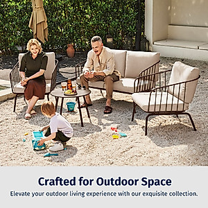 EAST OAK 4-Piece Plaza Patio Furniture Set, Outdoor Furniture with Thick Cushion Sofa and Coffee Table, Modern Patio Conversation Set for Garden, Backyard and Porch, Brown & Beige