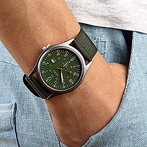 JewelryWe Men's Military Green Dial Nylon Strap Quartz Calendar Wrist Watch Night Vision Luminous Wristwatch for Father's Day