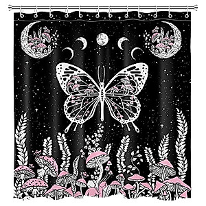 LB Mushroom and Butterfly Shower Curtain for Bathroom,Boho Starry Sky with Moon Phase and Country Plant Fabric Shower Curtain with Hooks,Black and White Bathroom Curtains Shower Set, 72x72 inches